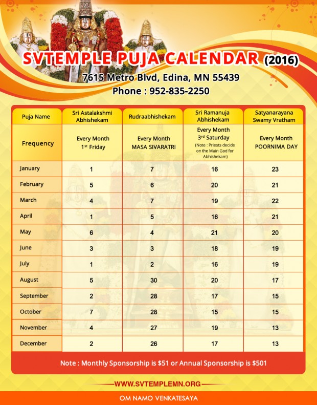 SV Temple Puja Calendar 2016 – Sri Venkateswara (Balaji) Temple