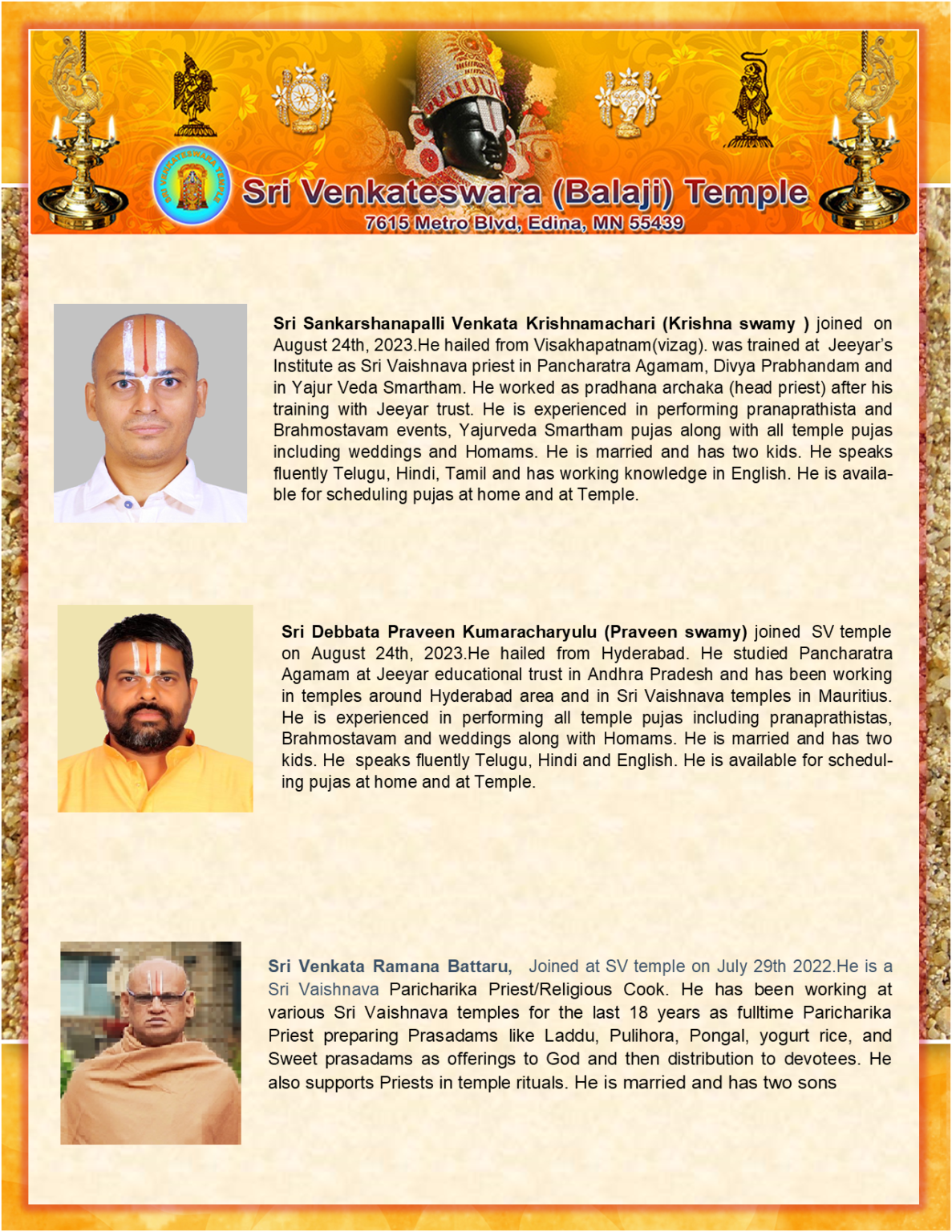 Temple Priests – Sri Venkateswara (Balaji) Temple